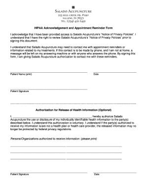 Fillable Online HIPAA Acknowledgement and Appointment Reminder Form Fax ...
