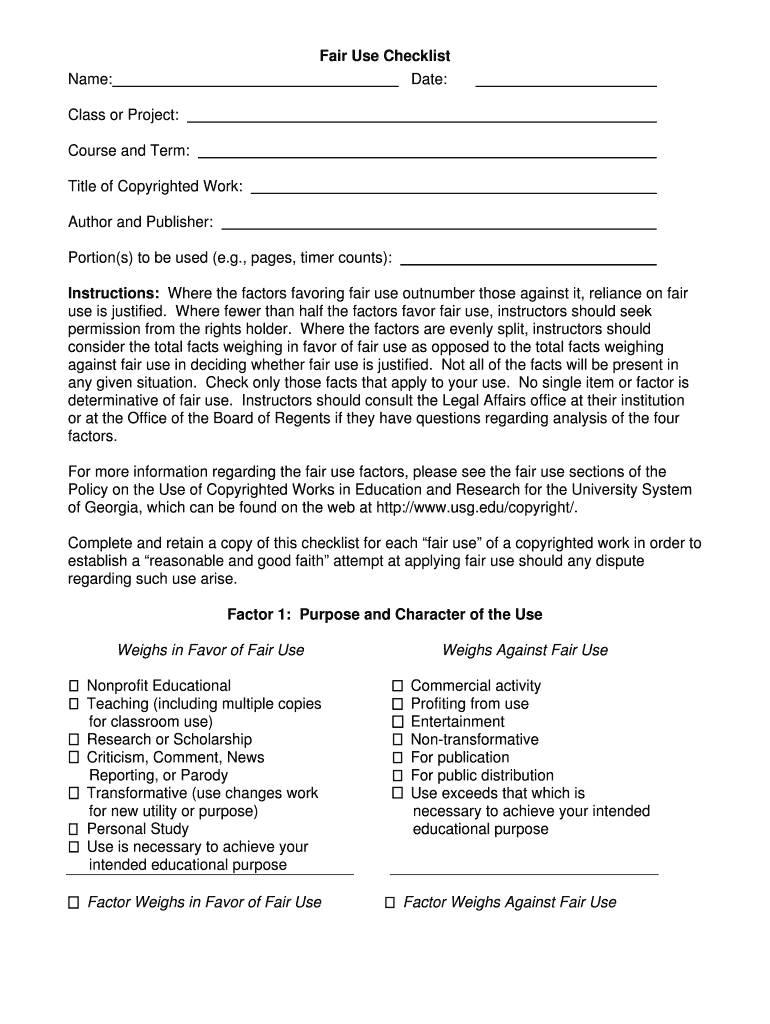Fillable Online library lanecc Fair Use Checklist - Lane Community ...