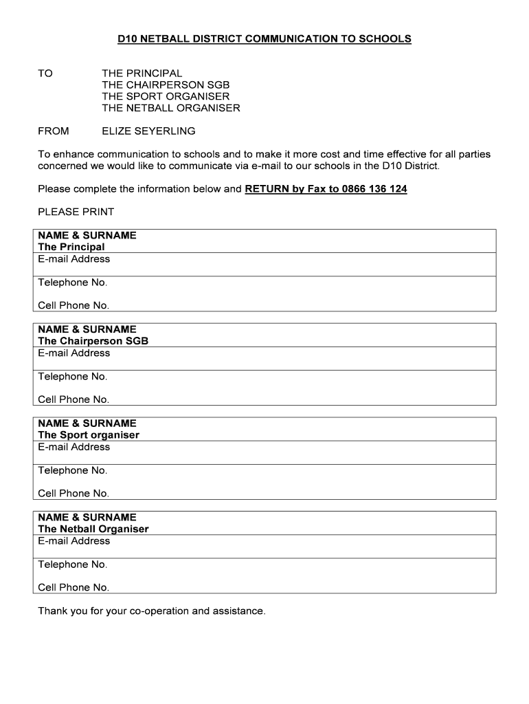 Fillable Online gautsn co D10 NETBALL DISTRICT COMMUNICATION TO SCHOOLS ...