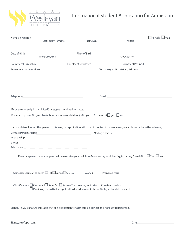 Fillable Online International Student Undergr...Application for ...