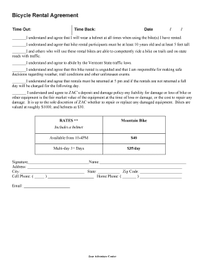 Fillable Online Bicycle Rental Agreement - Zoar Outdoor Fax Email Print ...