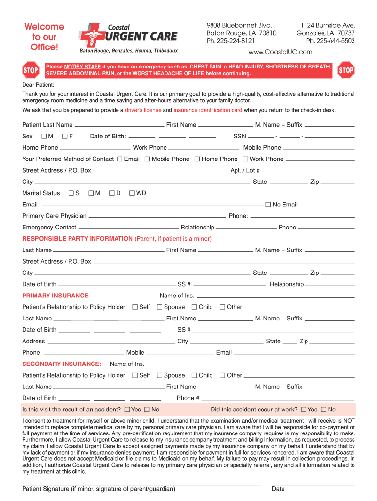 Fillable Online Welcome to our URGENT CARE Office! Baton Rouge ...