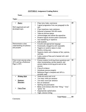 Fillable Online Editorial Assignment Grading Rubric - Mr. Rydalch Fax ...