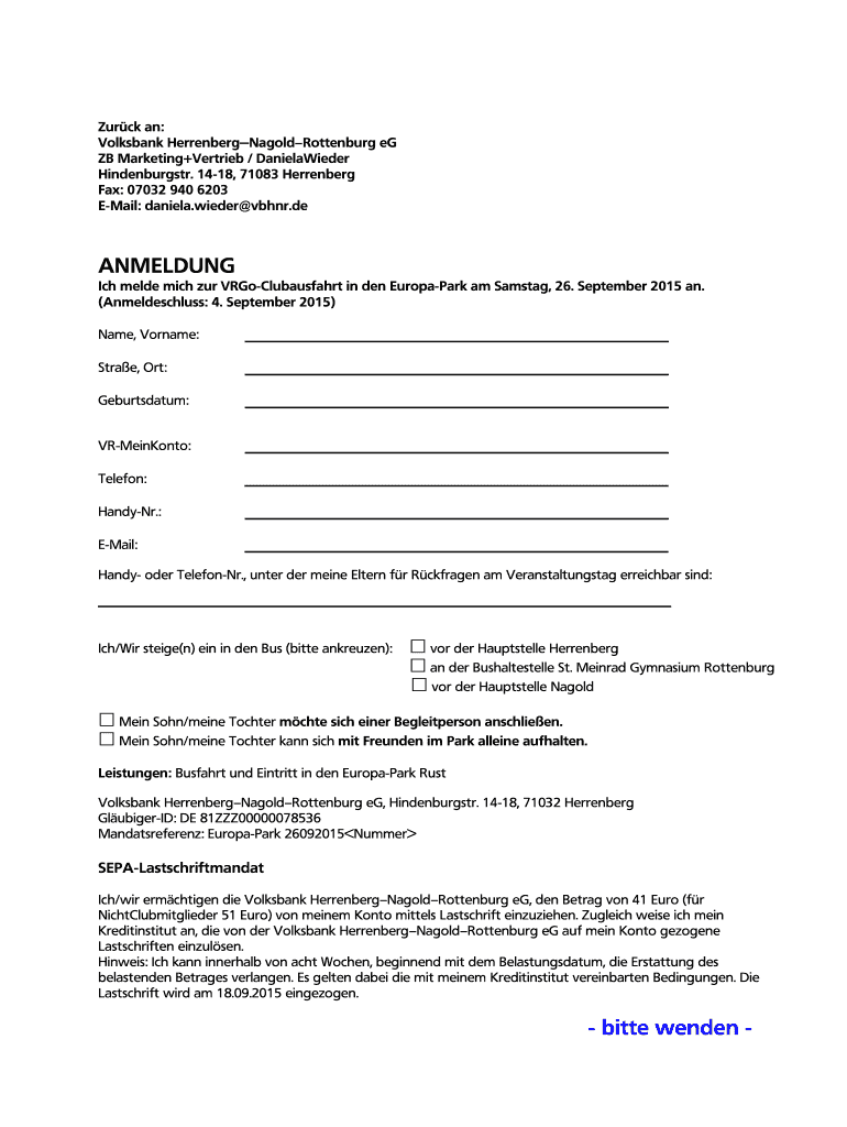 Fillable Online vbhnr Anmeldung onlineSEPA.doc Fax Email Print - pdfFiller