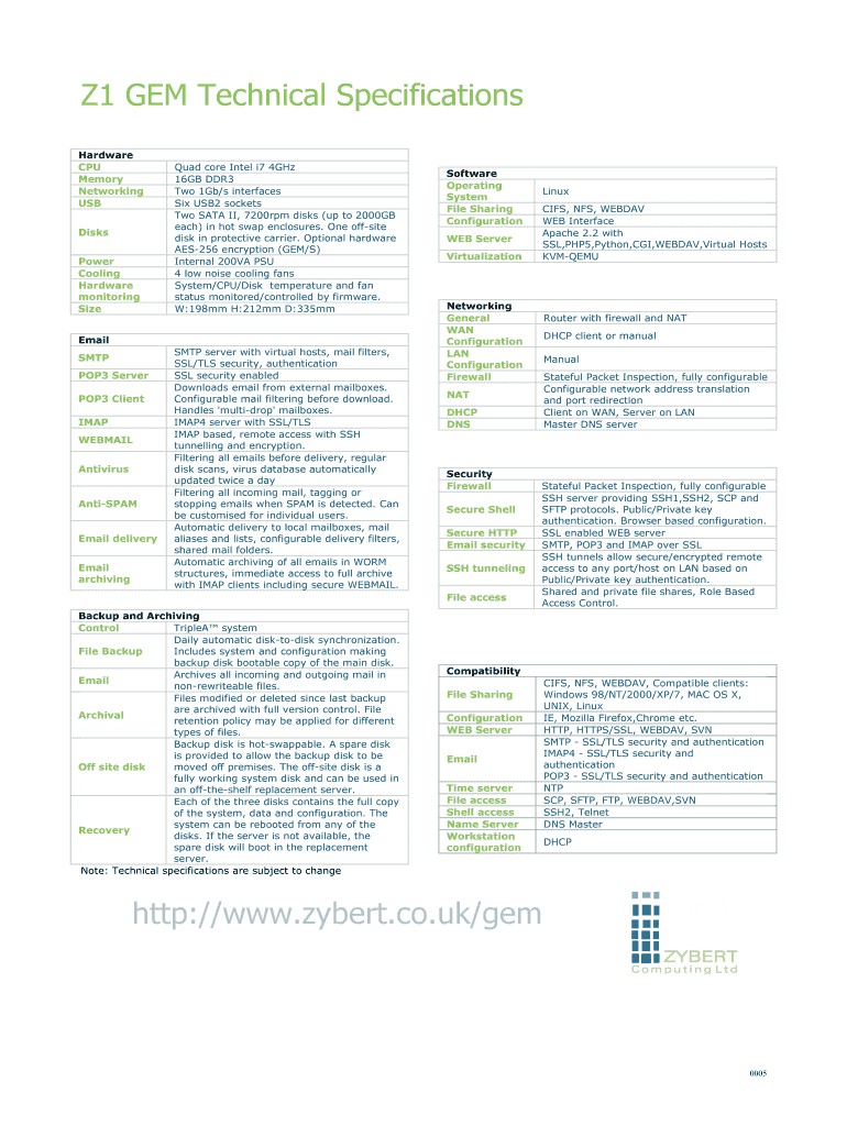 Fillable Online Z1 GEM Technical Specifications Fax Email Print - pdfFiller