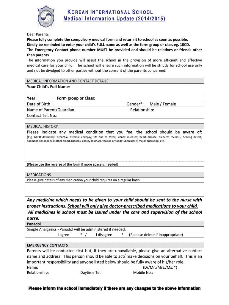 Fillable Online kis edu Korean International School - kis.edu.hk Fax ...