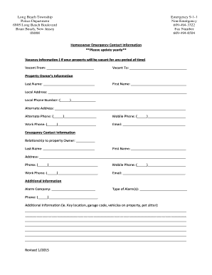 Fillable Online lbtpd Homeowner Emergency Contact Information sheet Fax ...