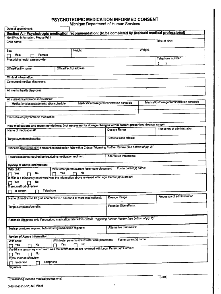 Fillable Online Section A- Psychotropic medication recommendation: (to ...