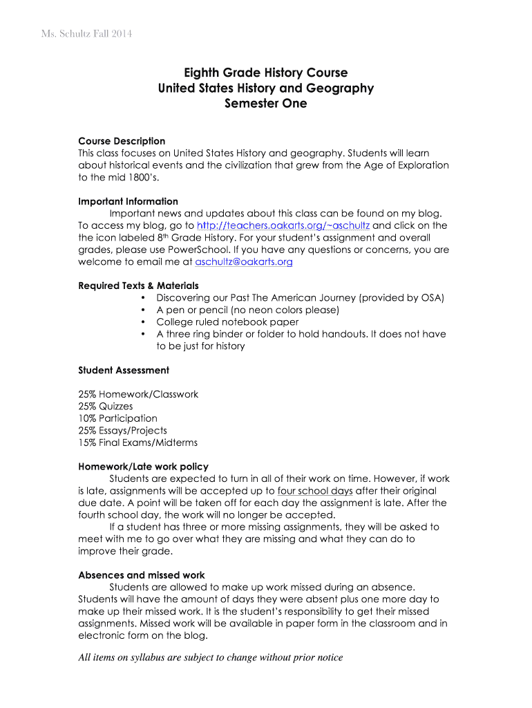 Fillable Online Eighth Grade History Course United States History and ...