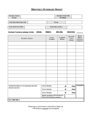 Fillable Online MONTHLY SUMMARY SHEET Fax Email Print - pdfFiller
