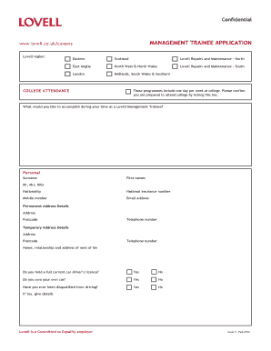 Fillable Online lovell co MANAGEMENT TRAINEE APPLICATION - lovell.co.uk Fax Email Print - pdfFiller
