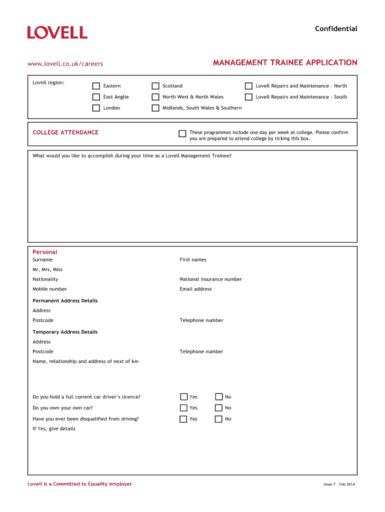 Fillable Online lovell co MANAGEMENT TRAINEE APPLICATION - lovell.co.uk Fax Email Print - pdfFiller