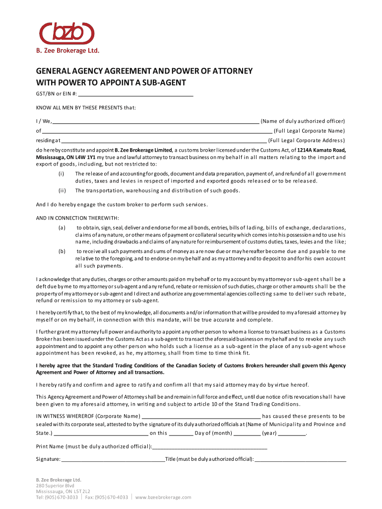 Fillable Online GENERAL AGENCY AGREEMENT AND POWER OF ATTORNEY WITH POWER ... Fax Email Print ...