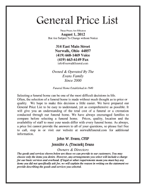Fillable Online General Price List - norwalkfuneral.com Fax Email Print ...