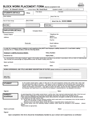 Fillable Online static stedwards co BLOCK WORK PLACEMENT FORM (Must be ...
