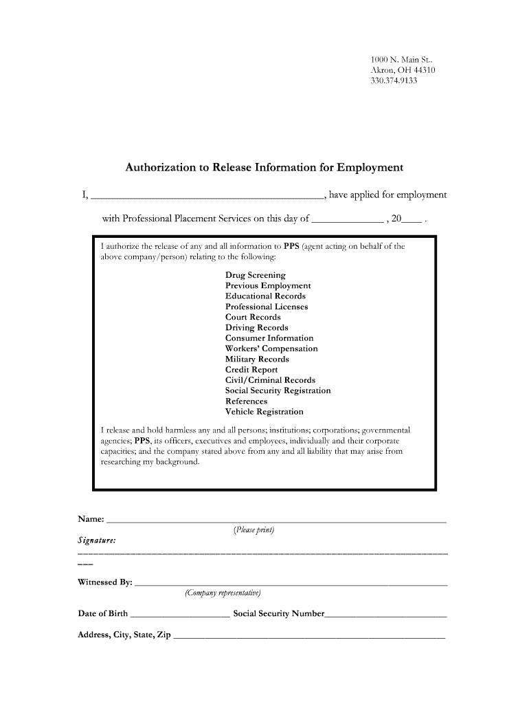 Fillable Online Authorization to Release Information for Employment - Akron Fax Email Print ...