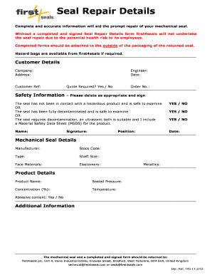 Fillable Online Seal Repair Details - First4Seals Fax Email Print ...