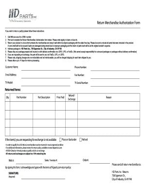 Fillable Online Return Merchandise Authorization Form - VizParts.com ...
