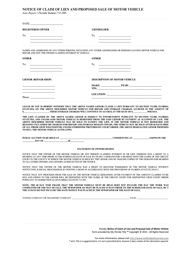 Fillable Online Florida Claim of Lien Notice for Auto Repair Business ...