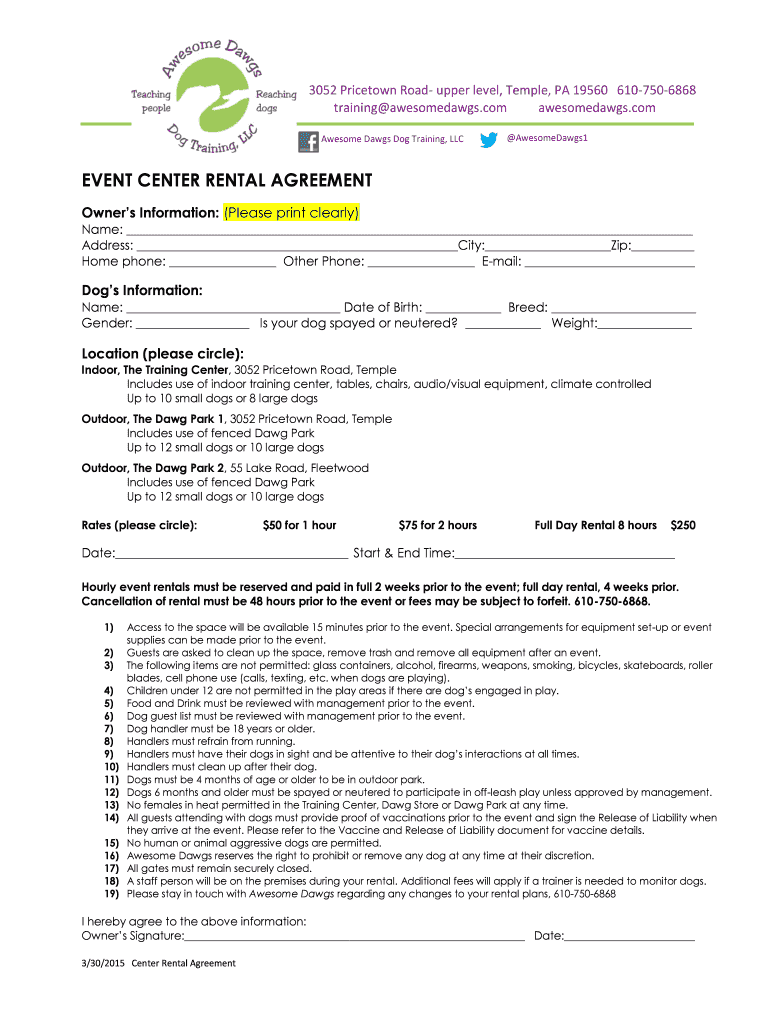 Fillable Online EVENT CENTER RENTAL AGREEMENT - awesomedawgs.com Fax ...