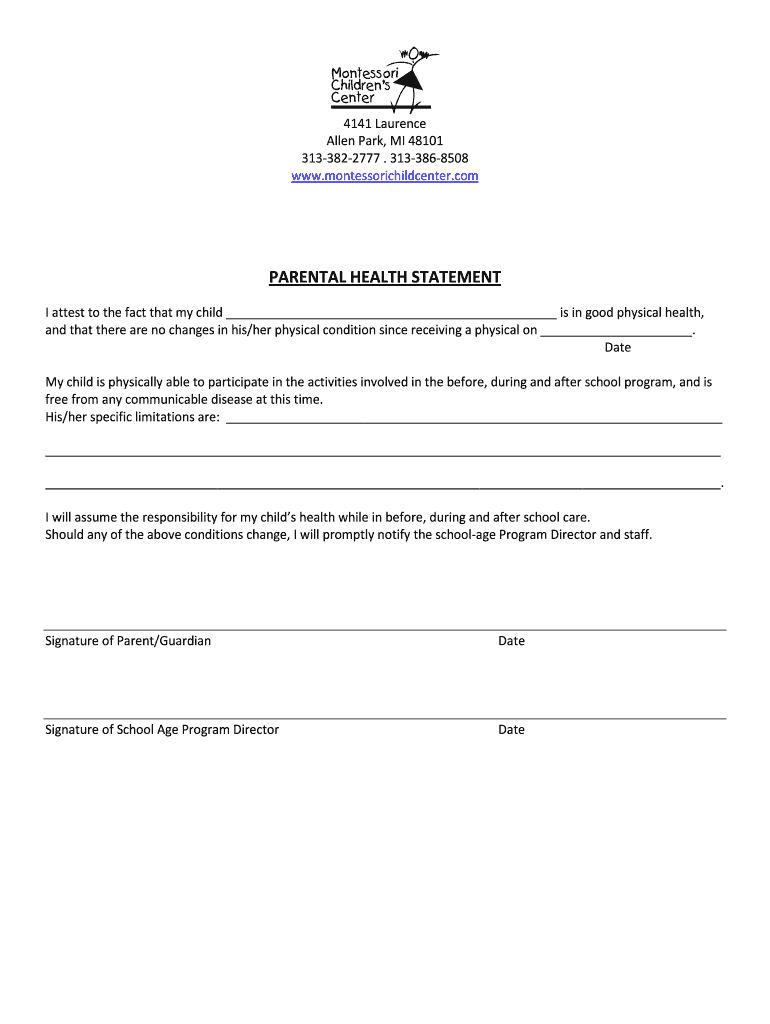 Fillable Online PARENTAL HEALTH STATEMENT - Montessori Child Center Fax ...