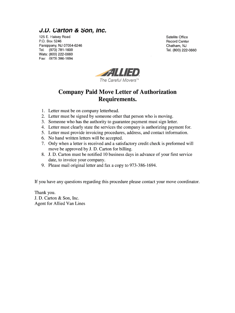 Fillable Online Company Paid Move Letter of Authorization Fax Email ...