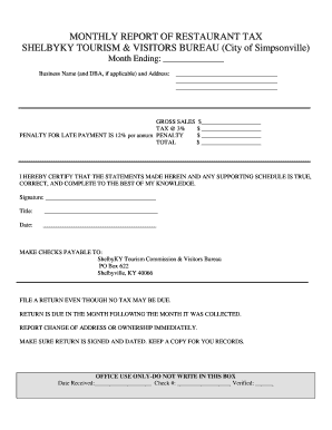 Fillable Online MONTHLY REPORT OF RESTAURANT TAX SHELBYKY TOURISM ...