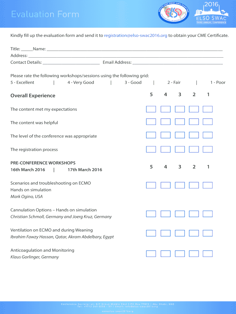 Fillable Online elso-swac2016 Evaluation FORM - ELSO-SWAC 2016 Fax ...