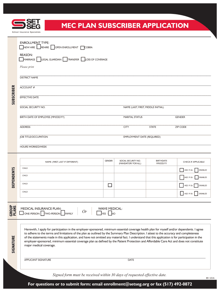 Fillable Online my setseg MEC PLAN SUBSCRIBER APPLICATION Fax Email Print - pdfFiller