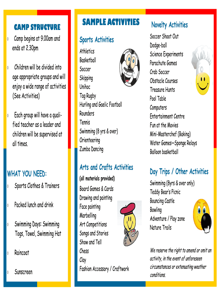 Fillable Online SAMPLE ACTIVITIES Novelty Activities CAMP STRUCTURE Fax ...