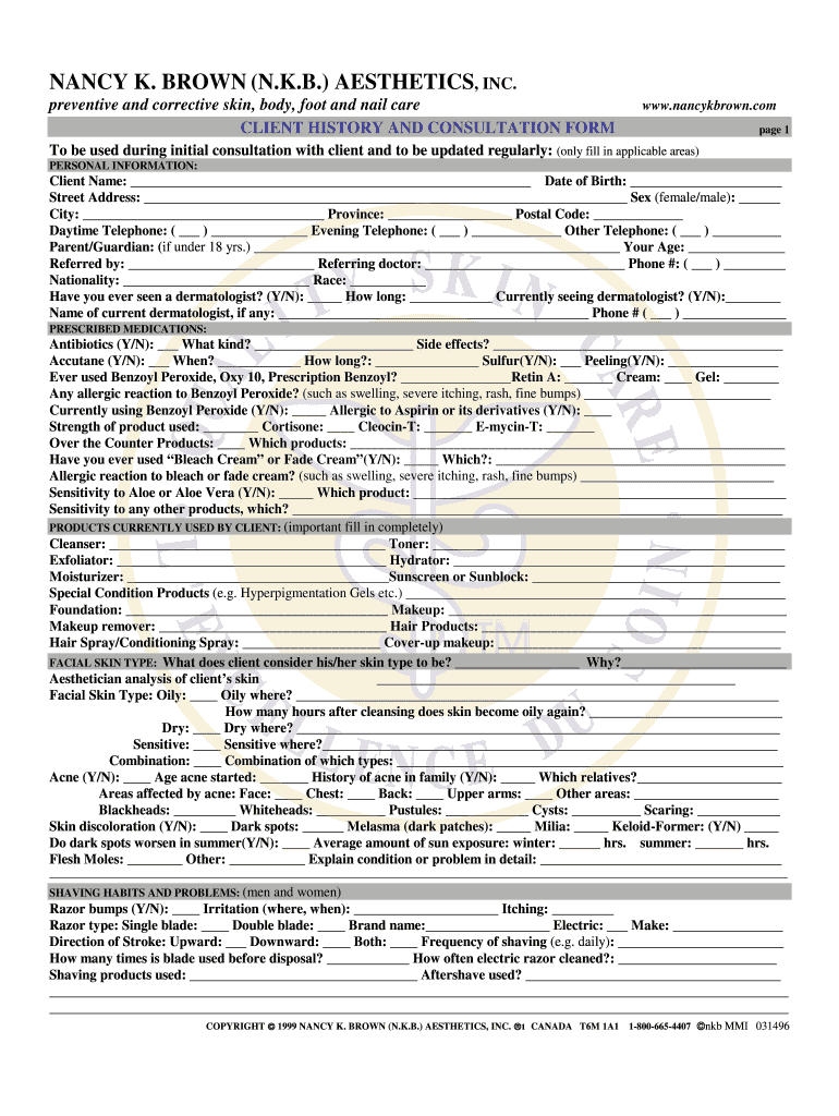 Fillable Online CLIENT HISTORY AND CONSULTATION FORM - Nancy K Brown ...