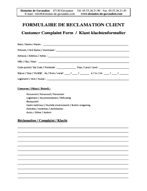 Fillable Online FORMULAIRE DE RECLAMATION CLIENT Fax Email Print - pdfFiller