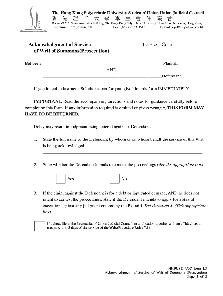 Fillable Online web su polyu edu Acknowledgment of Service Case - of Writ of Summons ... - web ...