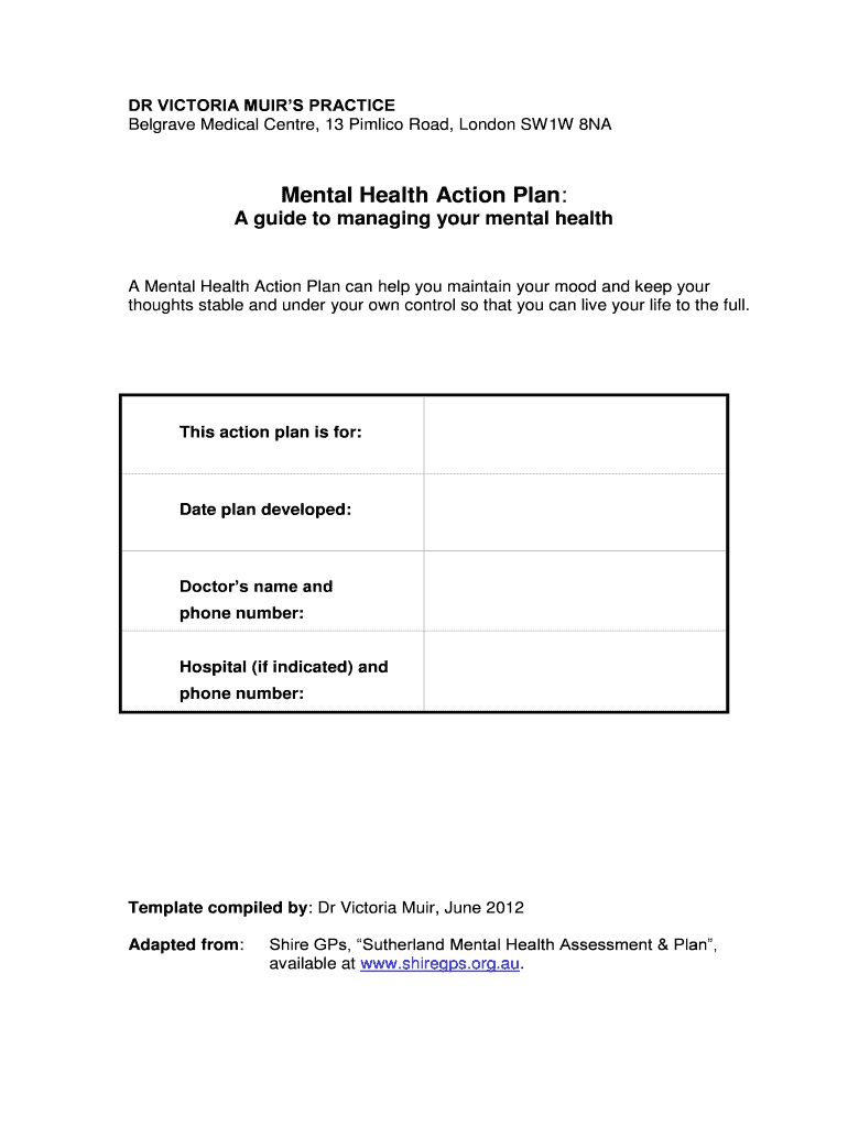 Fillable Online Mental Health Action Plan A guide to managing your ...