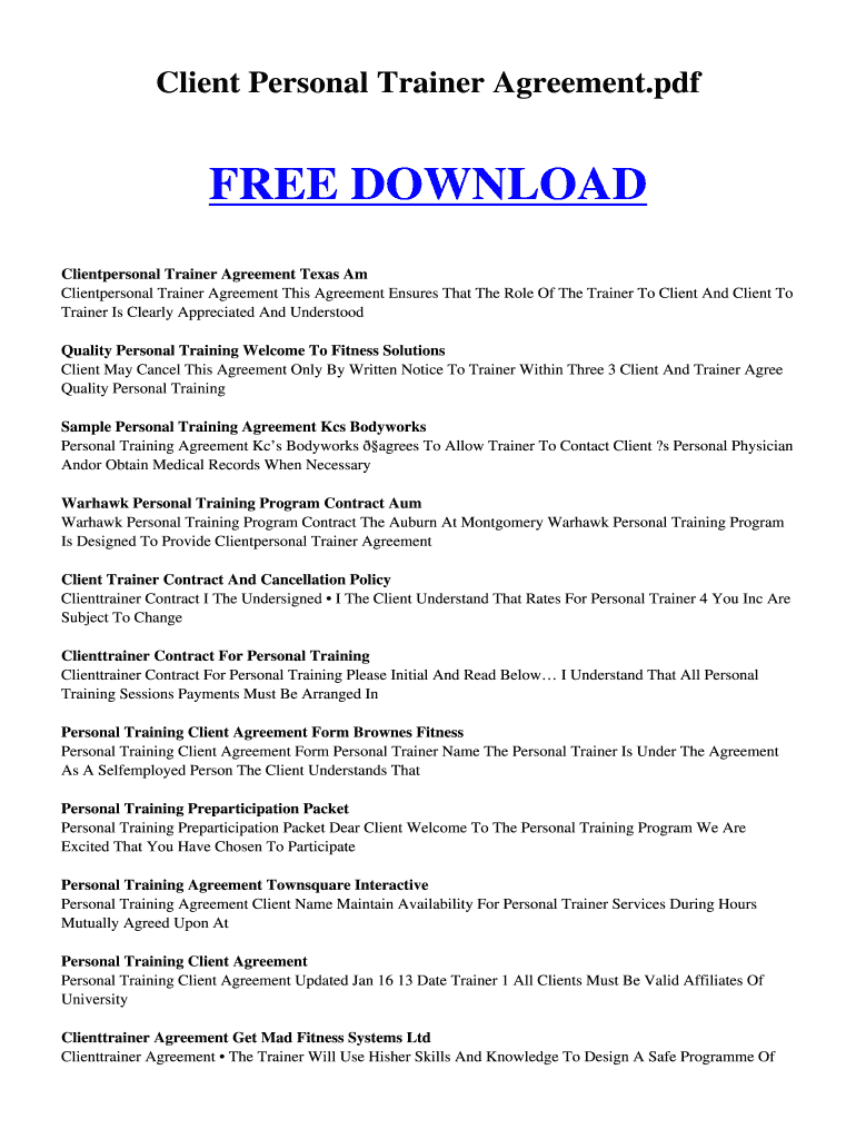 Fillable Online kudaponi 96 CLIENT PERSONAL TRAINER AGREEMENT PDF ...
