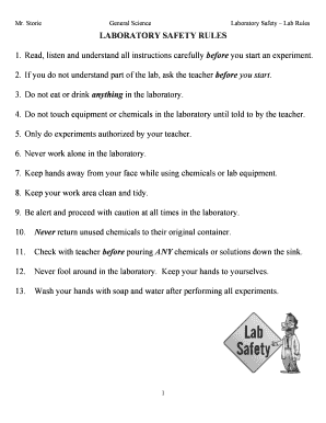 Fillable Online Mr. Storie General Science Laboratory Safety Lab Rules ...