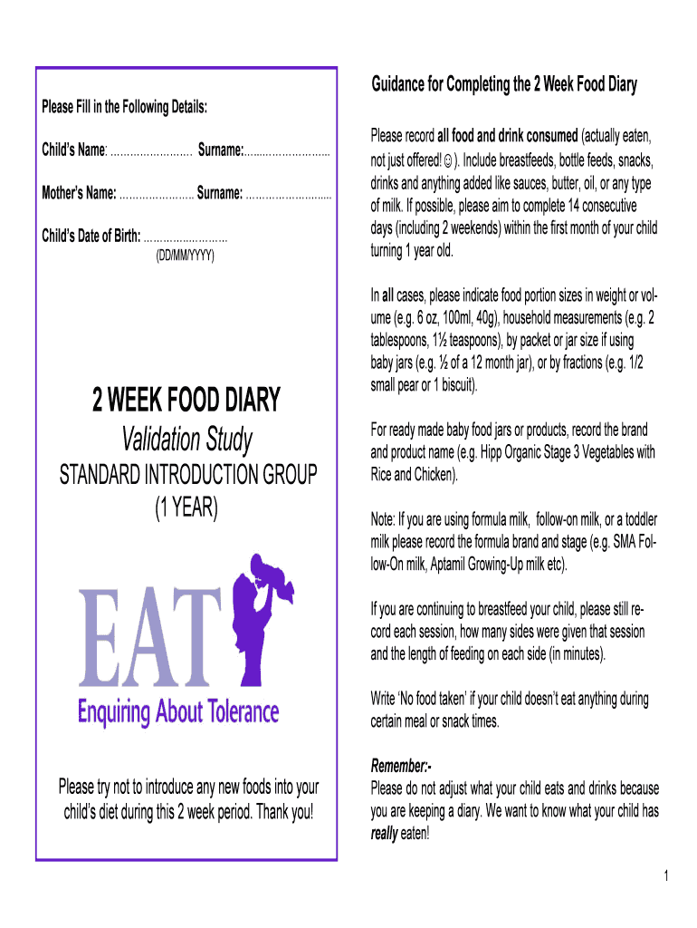 Fillable Online 2 WEEK FOOD DIARY Validation Study Fax Email Print ...
