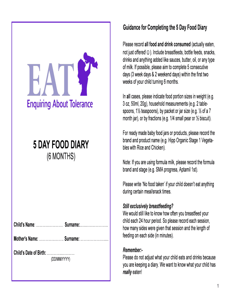 Fillable Online Guidance for Completing the 5 Day Food Diary - Eat ...