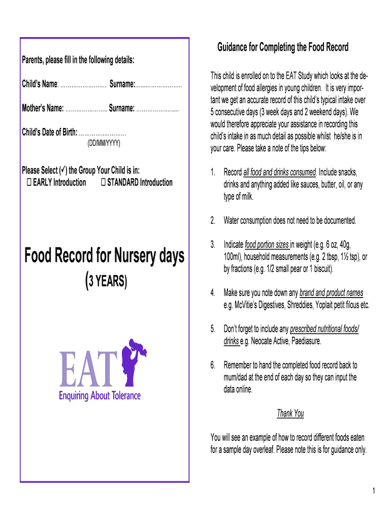 Fillable Online Guidance for Completing the Food Record - Eat Study Fax ...