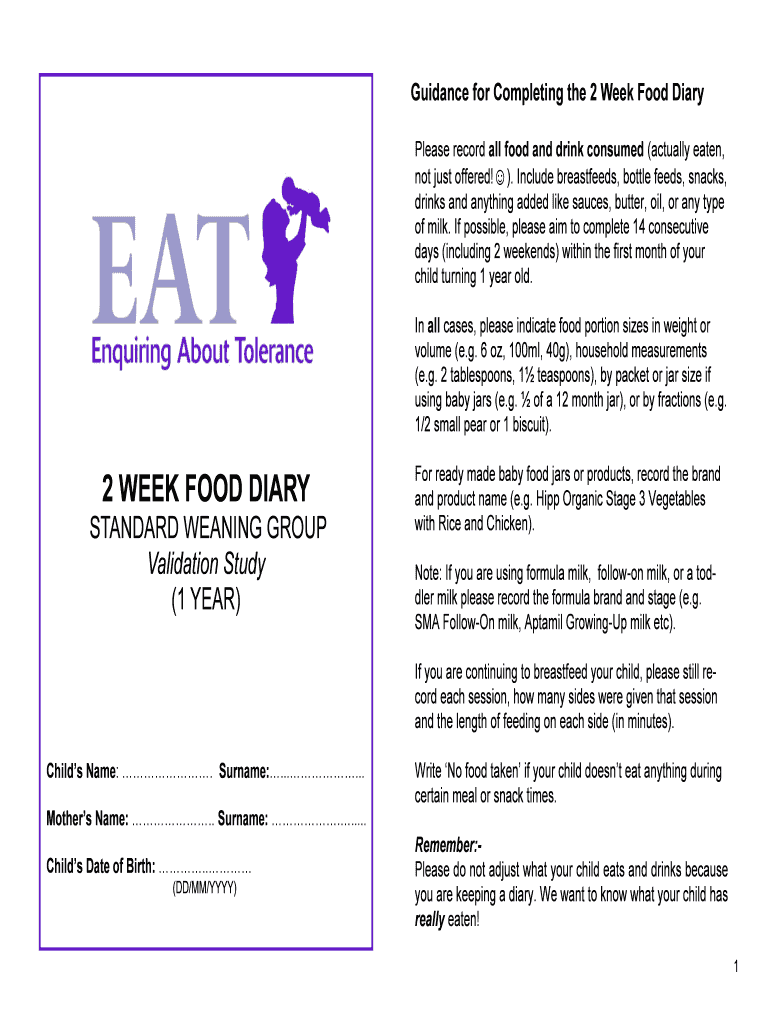 Fillable Online Guidance for Completing the 2 Week Food Diary - Eat ...