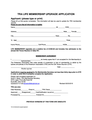 Fillable Online otr TRA LIFE MEMBERSHIP UPGRADE APPLICATION Applicant ...