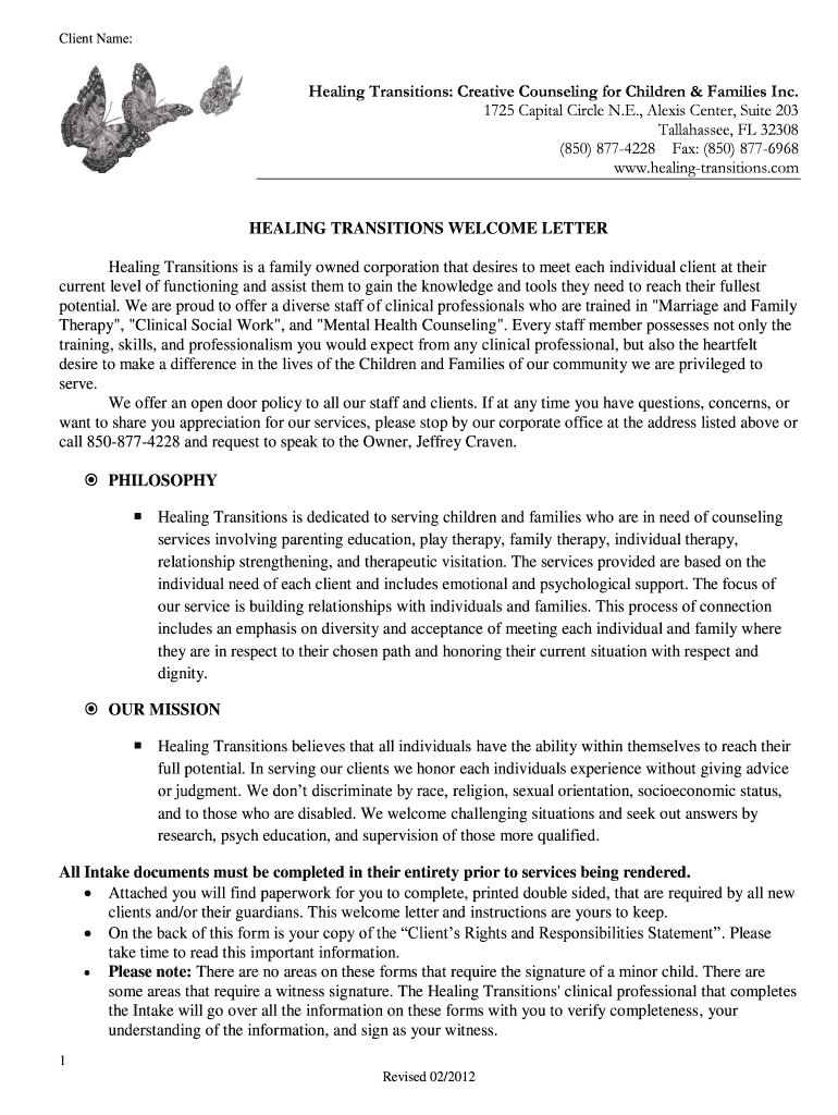 Fillable Online HEALING TRANSITIONS WELCOME LETTER Fax Email Print - pdfFiller