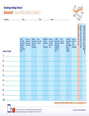 Fillable Online Award - Asa Water Skills Grade 5 Swalings Badge Board 1 ...