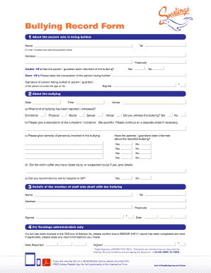 Fillable Online Bullying Record Form - Swimming Lessons Fax Email Print ...