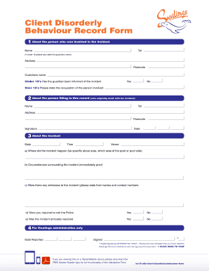Fillable Online Client Disorderly Behaviour Record Form - Swimming ...