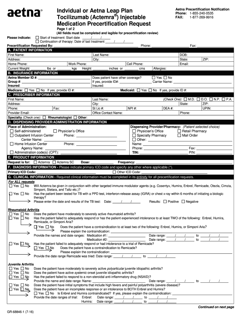 Fillable Online Individual or Aetna Leap Plan Tocilizumab (Actemra ...