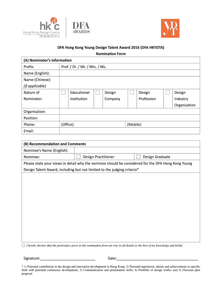 Fillable Online dev ydta (DFA HKYDTA) Nomination Form - Hong Kong Young Design Talent ... - dev ...