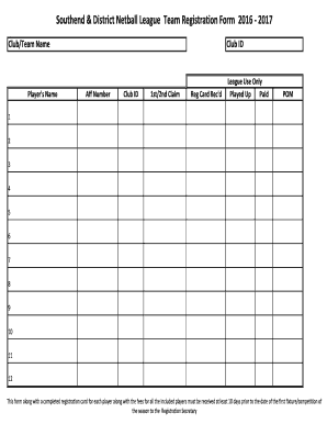 Fillable Online sdnl co Southend & District Netball League Team ...