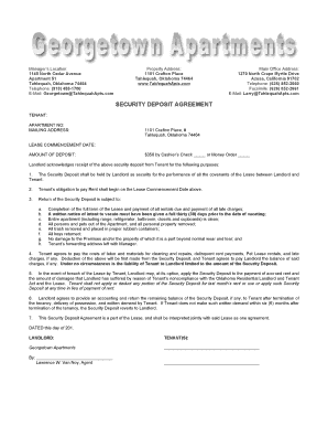 Fillable Online Security Deposit Agreement - Tahlequah Apartments Fax ...