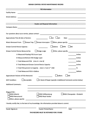 Fillable Online GREASE CONTROL DEVICE MAINTENANCE RECORD FSE ...